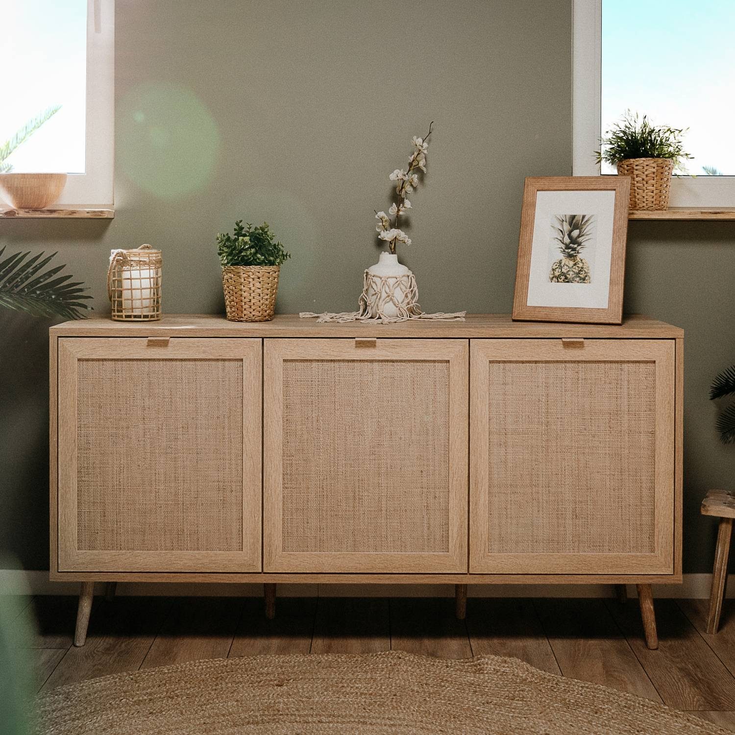 Homestyle4u Kommode Sideboard Wohnzimmerschrank Anrichte Braun Rafia