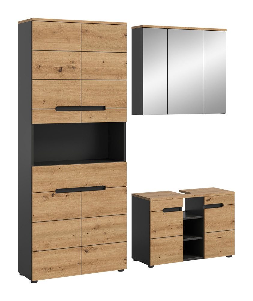 xonox.home Badmöbel-Set Badezimmer Set Canu 4, 3-teilig, Artisan Eiche / Basalt grau, optio, (3 ...