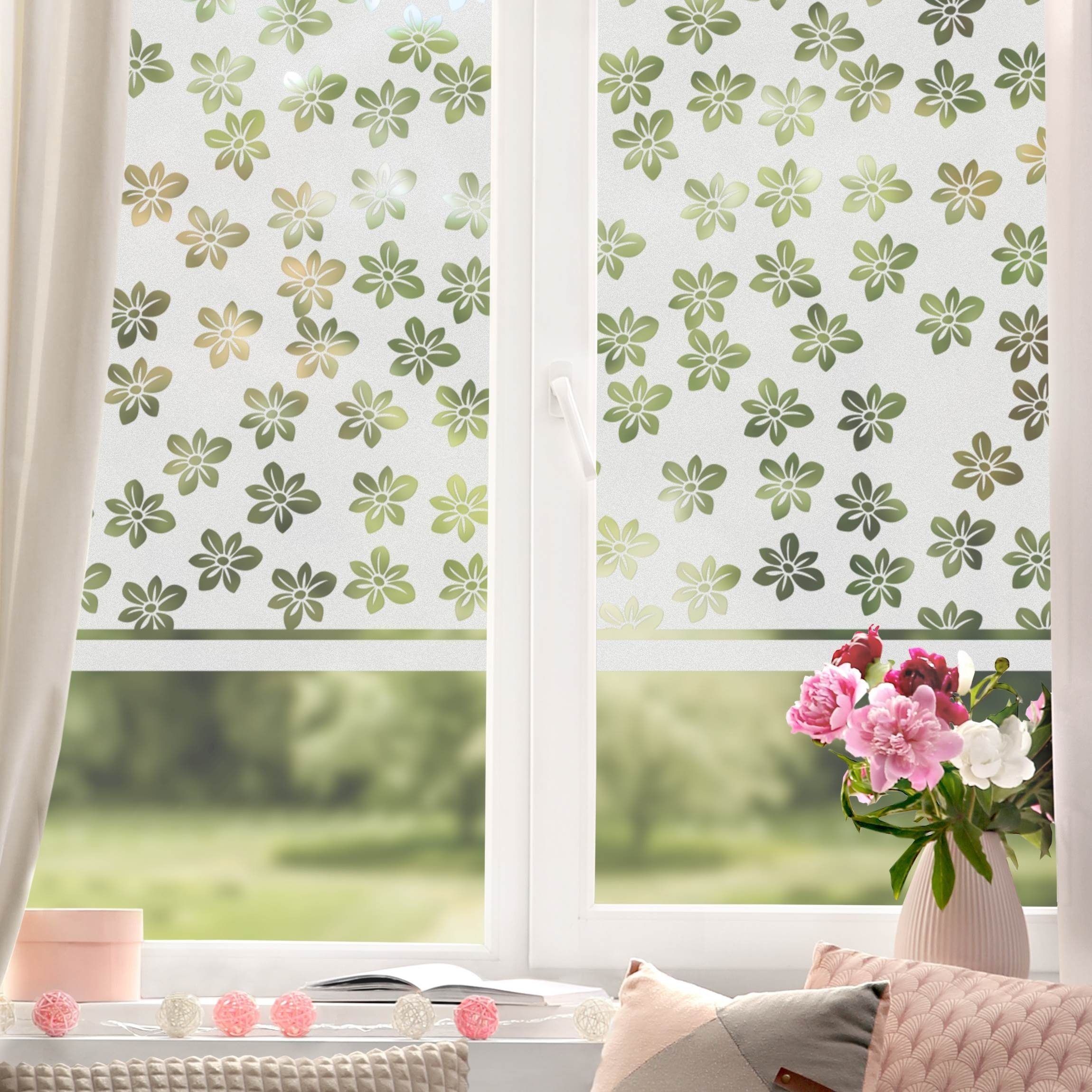 Bilderdepot24 Fensterfolie statisch haftend Motiv Fensterdeko Streublümchen Rollo Muster ...