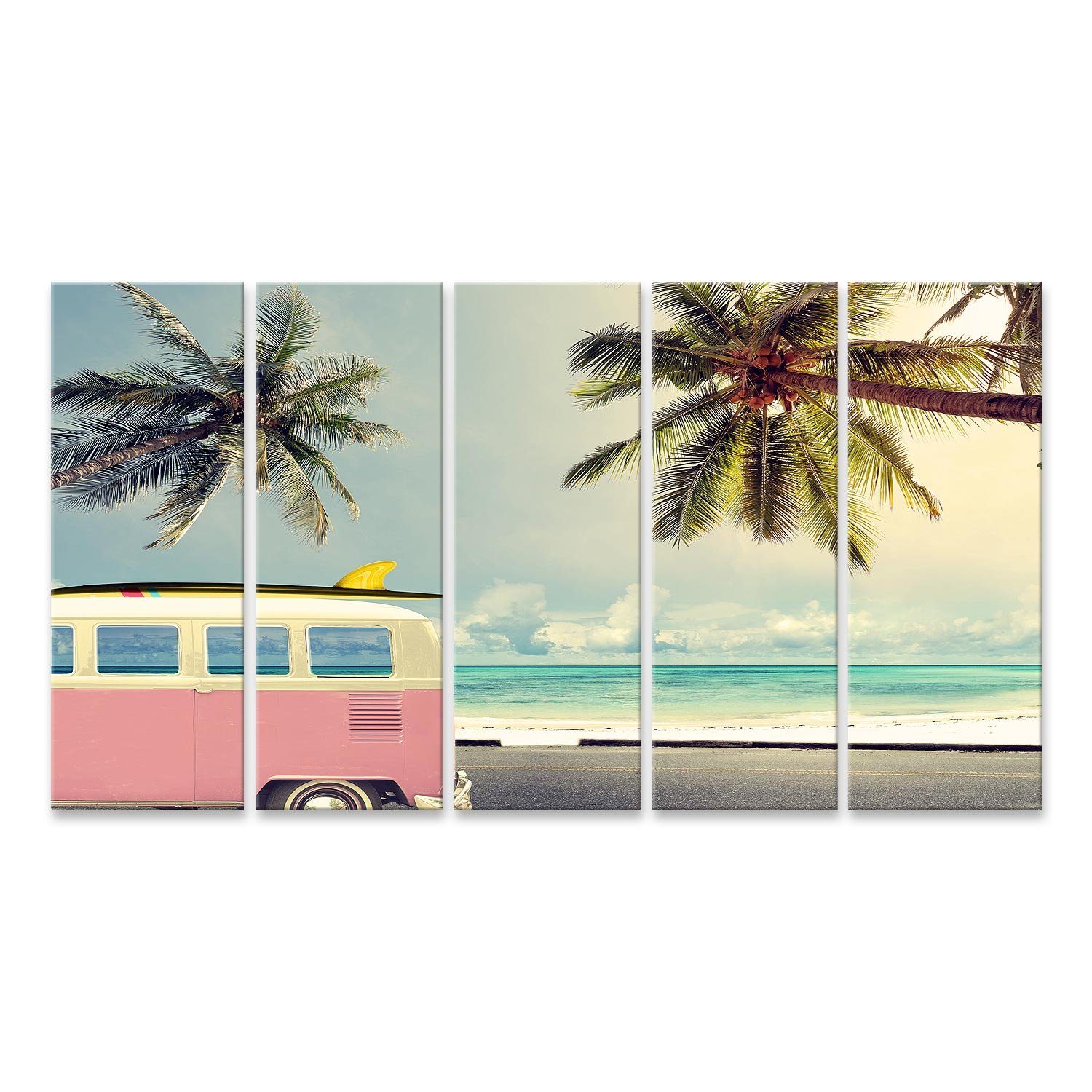 ᐅ islandburner Leinwandbild Bild auf Leinwand Oldtimer Strand Surfbrett 170x80cm 5-teilig XXL | OTTO