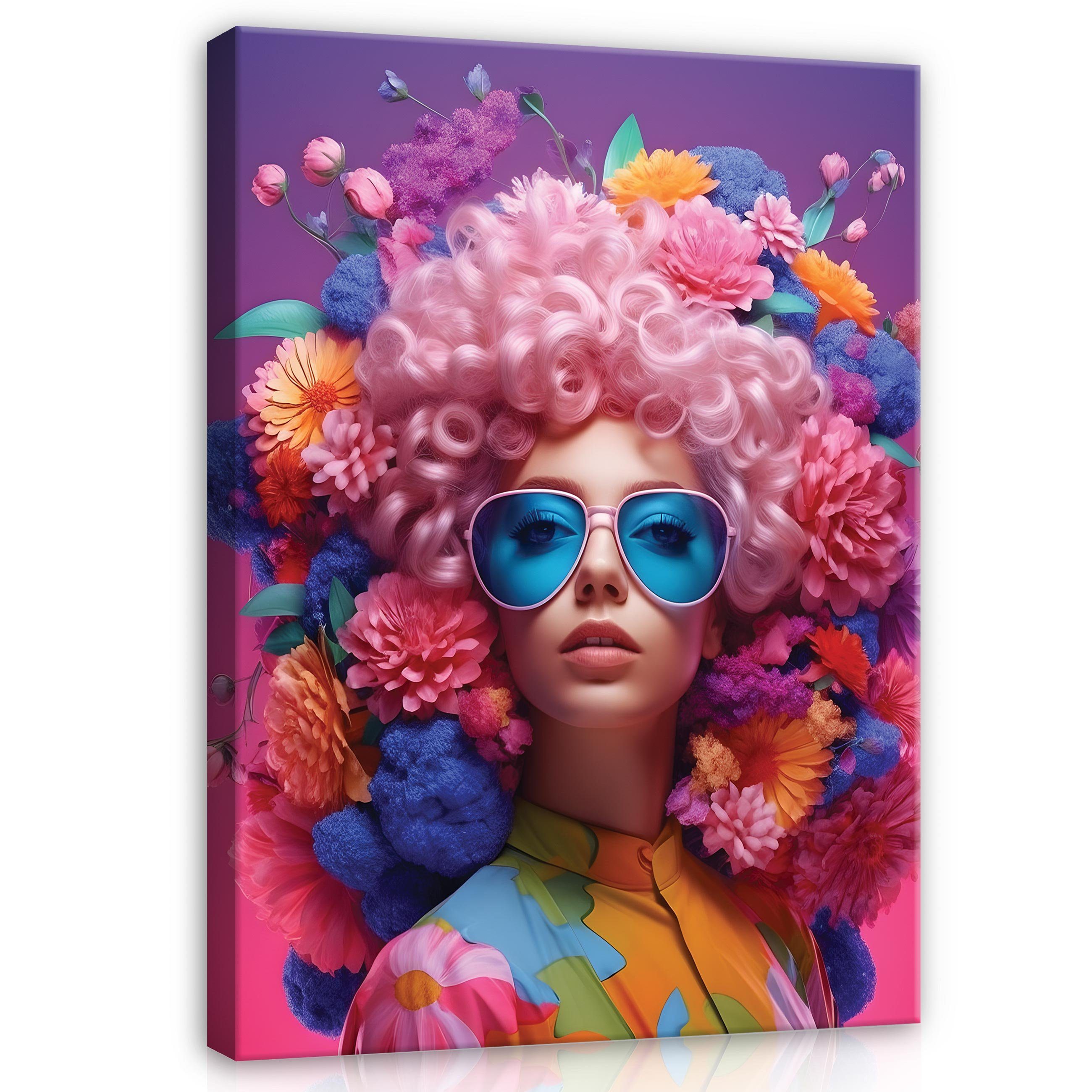 Wallarena Leinwandbild Frau Blumen Retro Art Buntes Kunst Wandbild Xxl