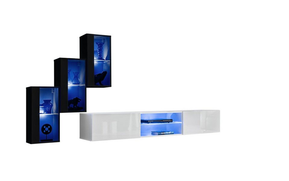 Jvmoebel Wohnwand Neu Wohnwand Weiß Tv Ständer Mit 3x Hänge Vitrine
