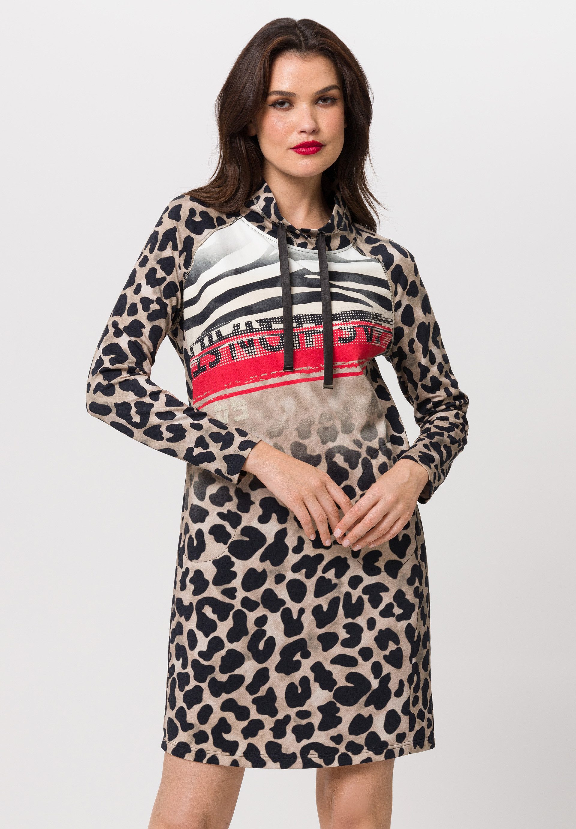 TUZZI Jerseykleid mit Leopardenmuster und Print, Stehkragen mit Tunnelzug