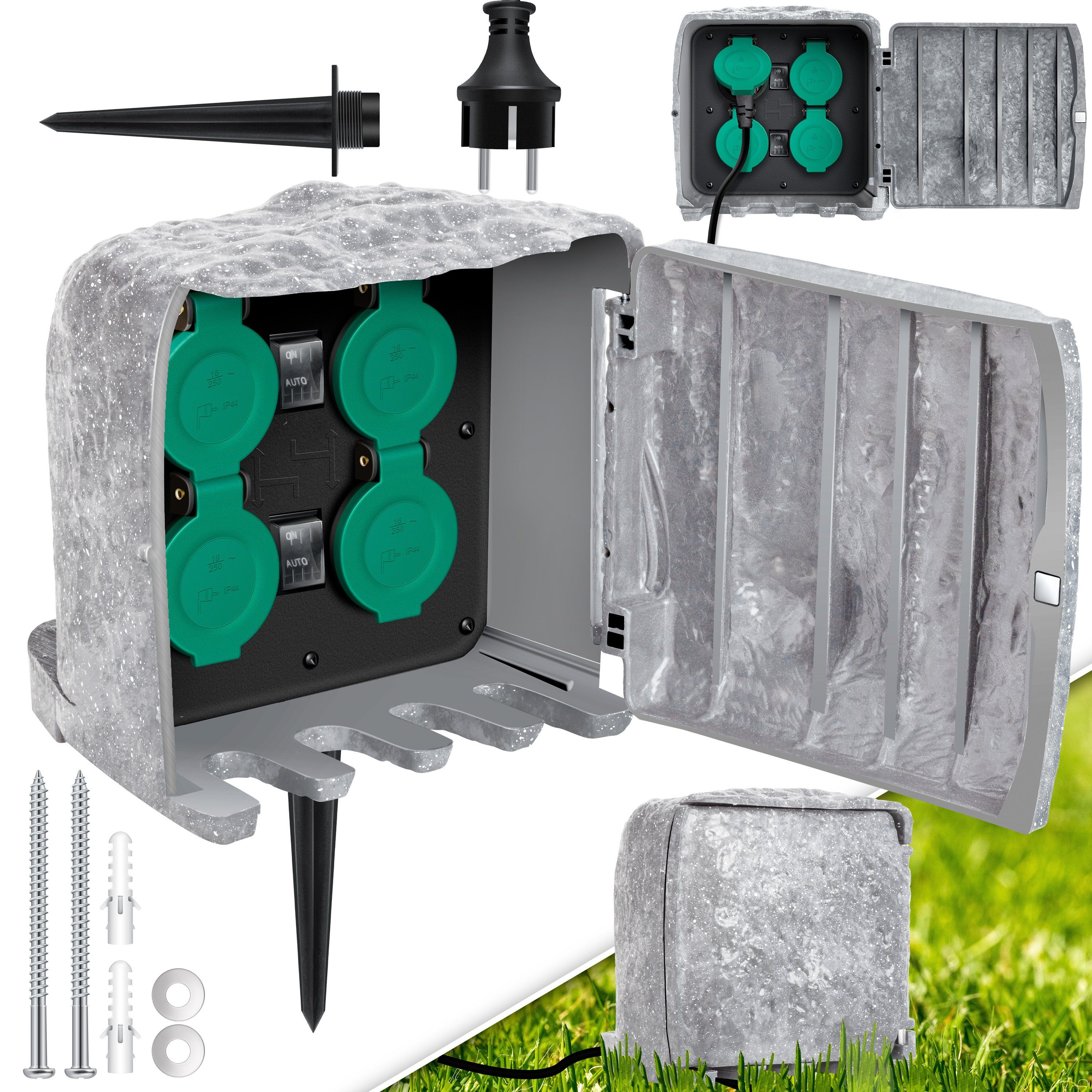 KESSER Gartensteckdose, Gartensteckdose Steinoptik mit Steckplätzen ...