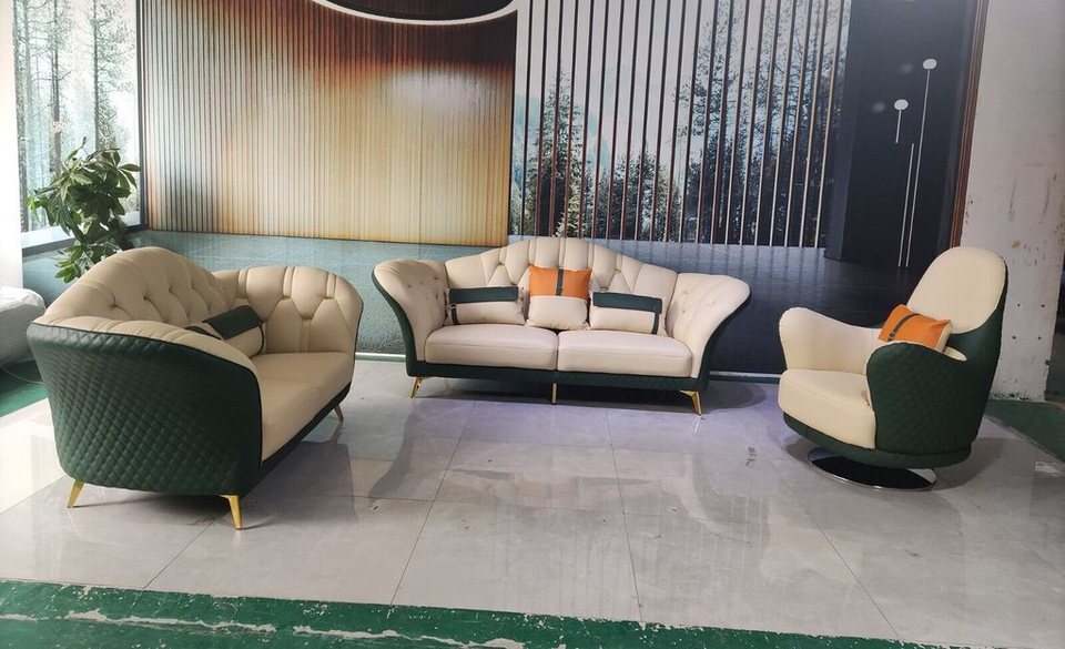 Jvmoebel Sofa Grün Beige Chesterfield Sofagarnitur 321 Sitzer Leder