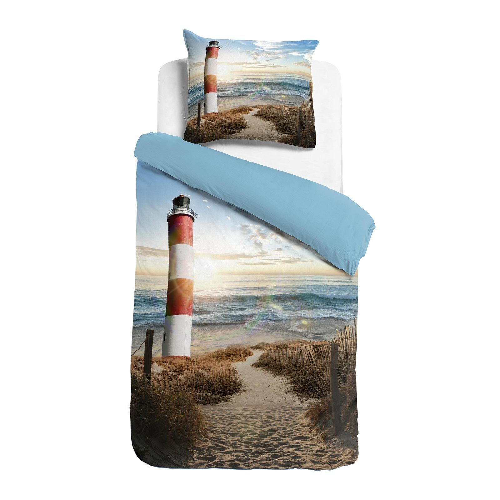 TRAUMSCHLAF Bettwäsche Strand Leuchtturm, Mako Satin, 2 teilig, wunderbar maritim