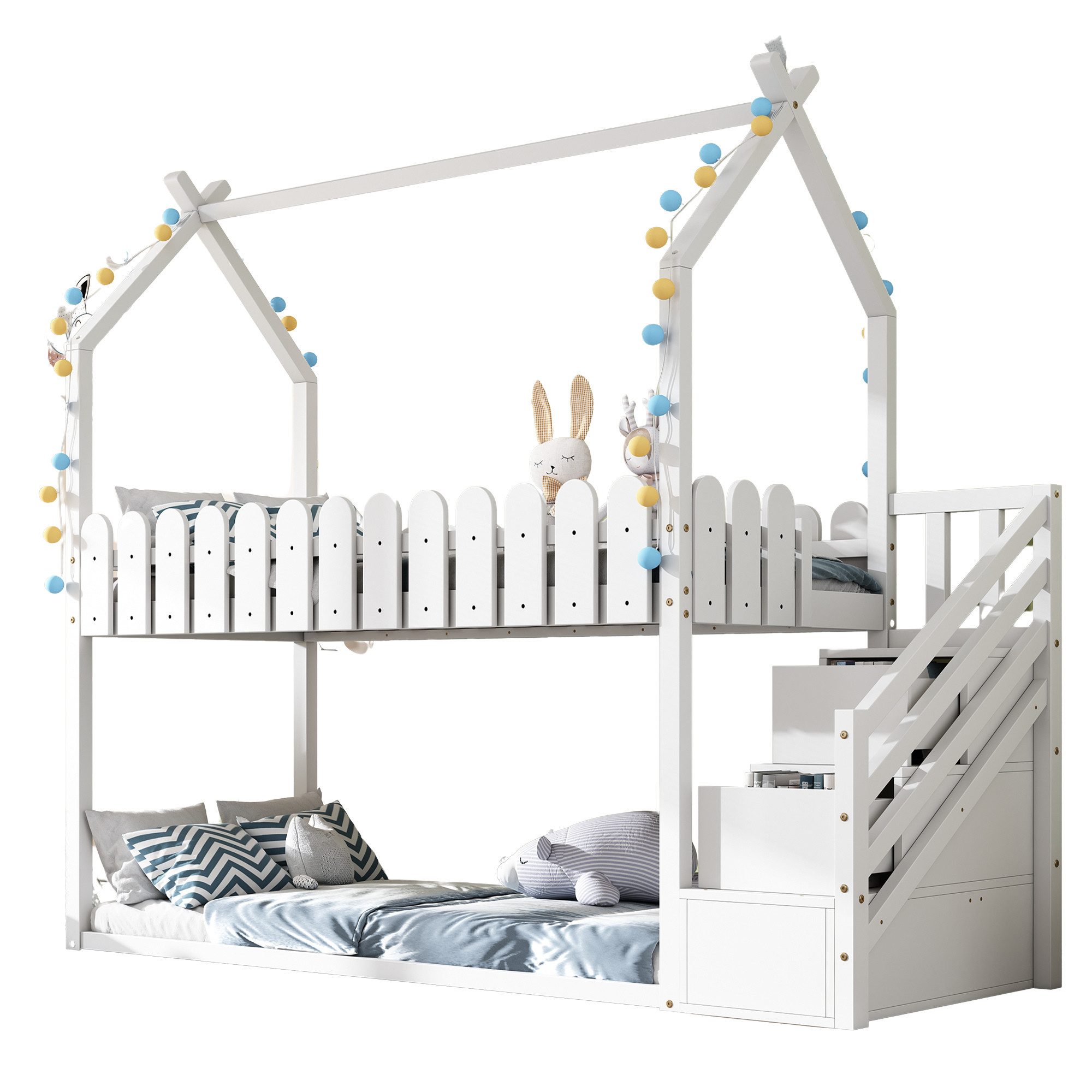Merax Etagenbett 90x200cm Mit Rausfallschutz In Zaunform Und Treppe