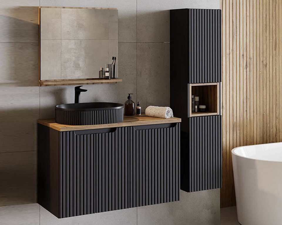 Einfachgutemoebel Waschtisch Set Bad Set Iluna Black 100cm Türen 3 Tlg