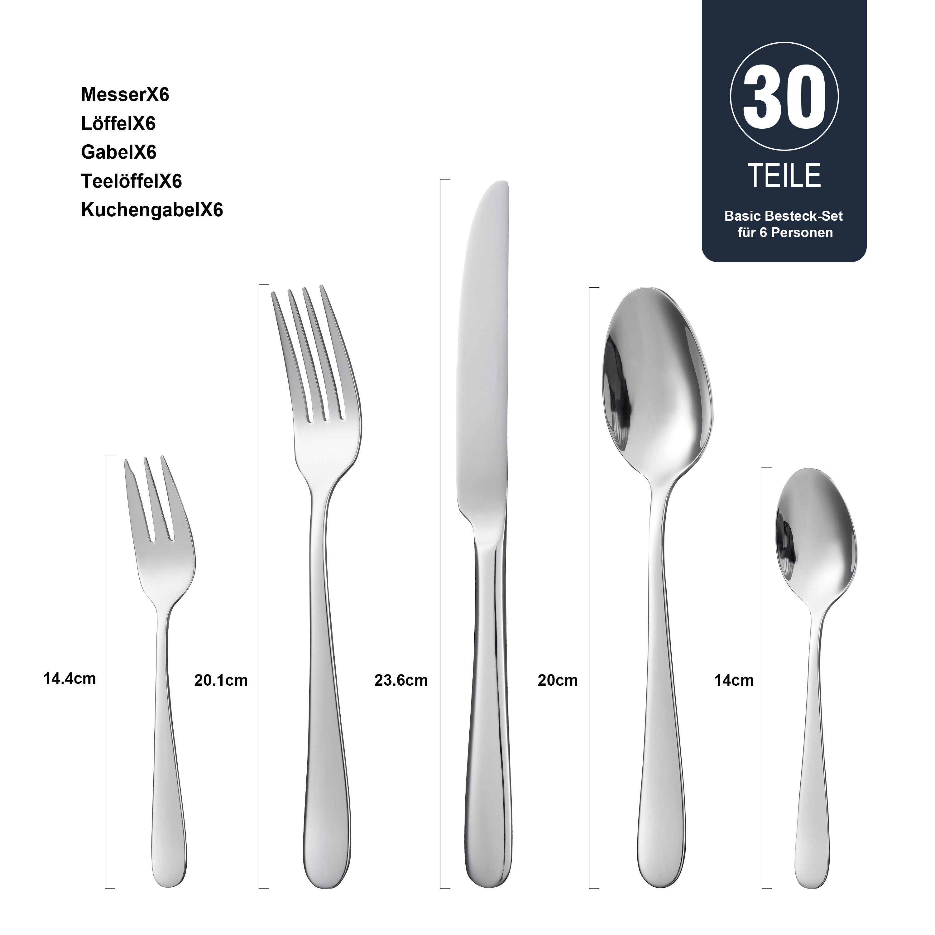 Hanseatic Besteck-Set BASIC (30-tlg), 6 Personen, Edelstahl 18/10 ...