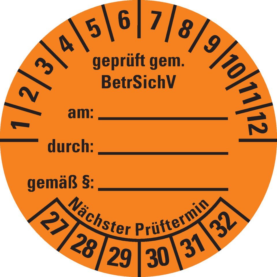 König Werbeanlagen Hinweisschild Prüfplak. gem.BetrSichV,beschriftbar,27-32,orange,Dokufolie, 10/BOG
