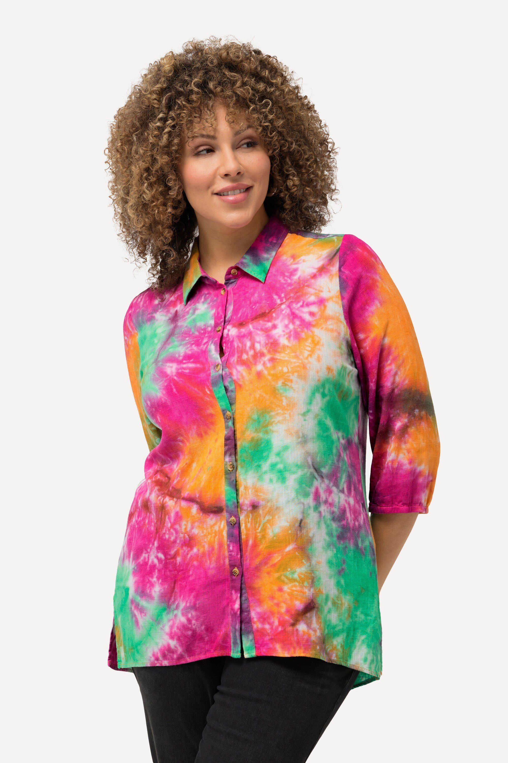 Ulla Popken Longbluse Leinenmix Bluse Batik Druck Hemdkragen 34 Arm