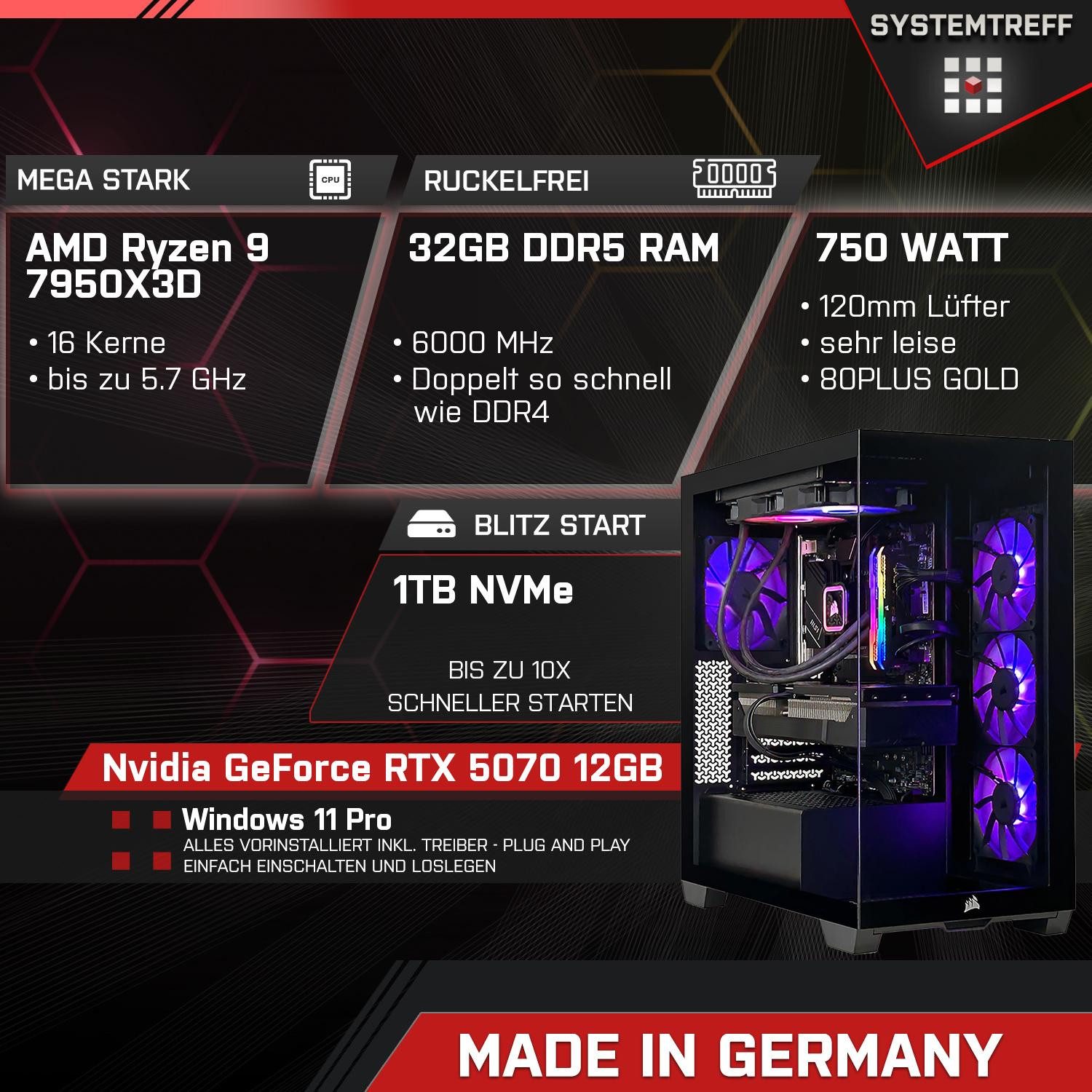 SYSTEMTREFF Gaming-PC (AMD Ryzen 9 7950X3D, Nvidia GeForce RTX 5070, 32 ...