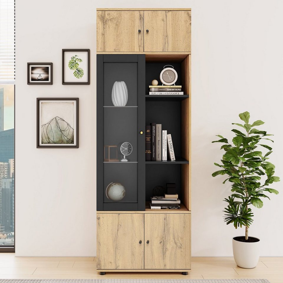 Okwish Vitrine Standvitrinen 185 Cm Hohe Holzimitatfarbene Vitrine