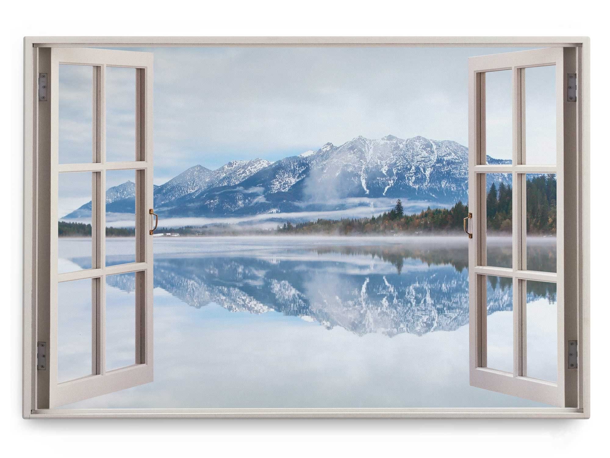 Sinus Art Leinwandbild Wandbild 120x80cm Fensterbild Berge Blau See Natur Landschaft Schneegi ...