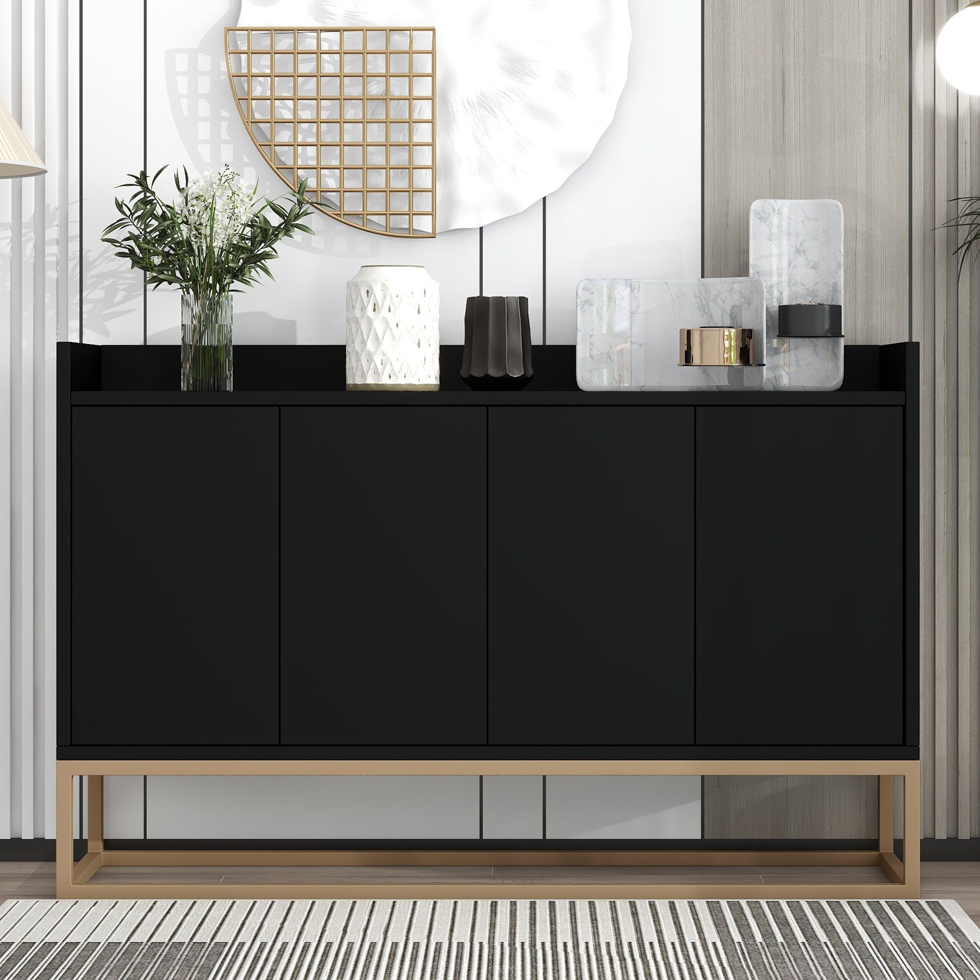 Merax Sideboard mit verstellbaren Einlegeböden und goldenen Metallrahmen, Kommode mit Push-to ...