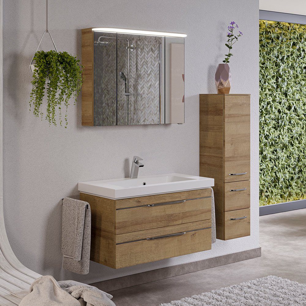 Lomadox Badmöbel-Set BUDVA-66, (Spar-Set, 3-St), 3-teilig inkl. Beleuchtung in Riviera Eiche ...