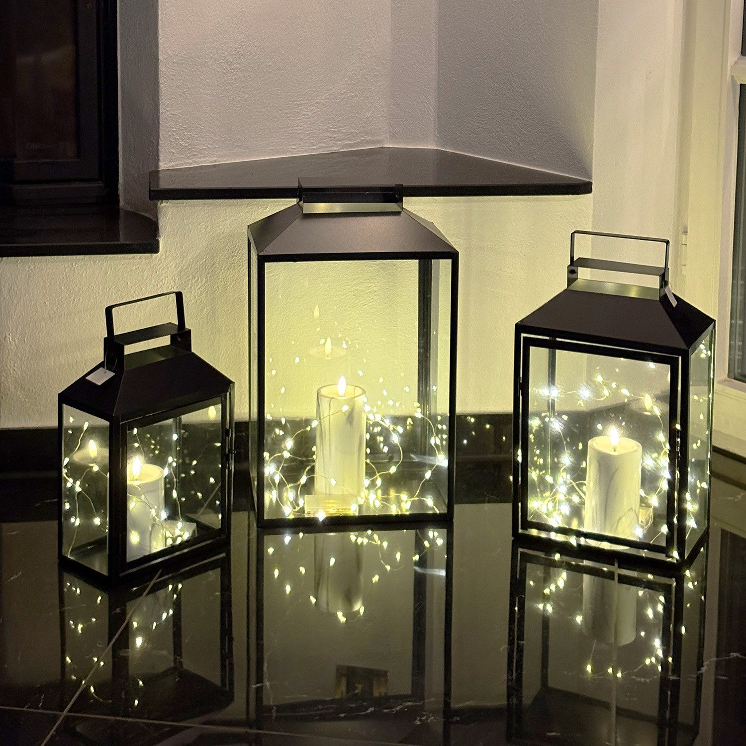 Mojawo Laterne 3er Gartenlaternen Laternen Metall Windlicht Schwarz H28/35/44cm