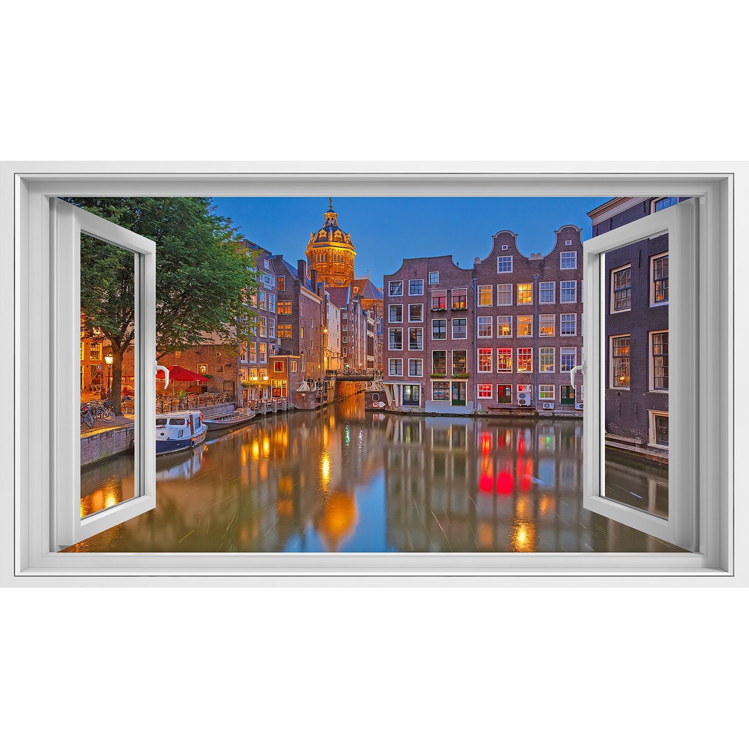 islandburner Leinwandbild Fensterblick Nachtansicht von Nicolaaskerk in Amsterdam Sagenhafter Ef