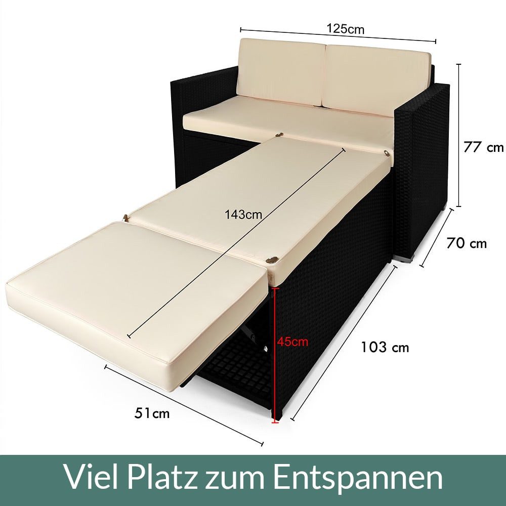 Deuba Loungeset Gartensofa Ottomane Sitzbank Polyrattan 125x70cm Schwarz Sitzgruppe