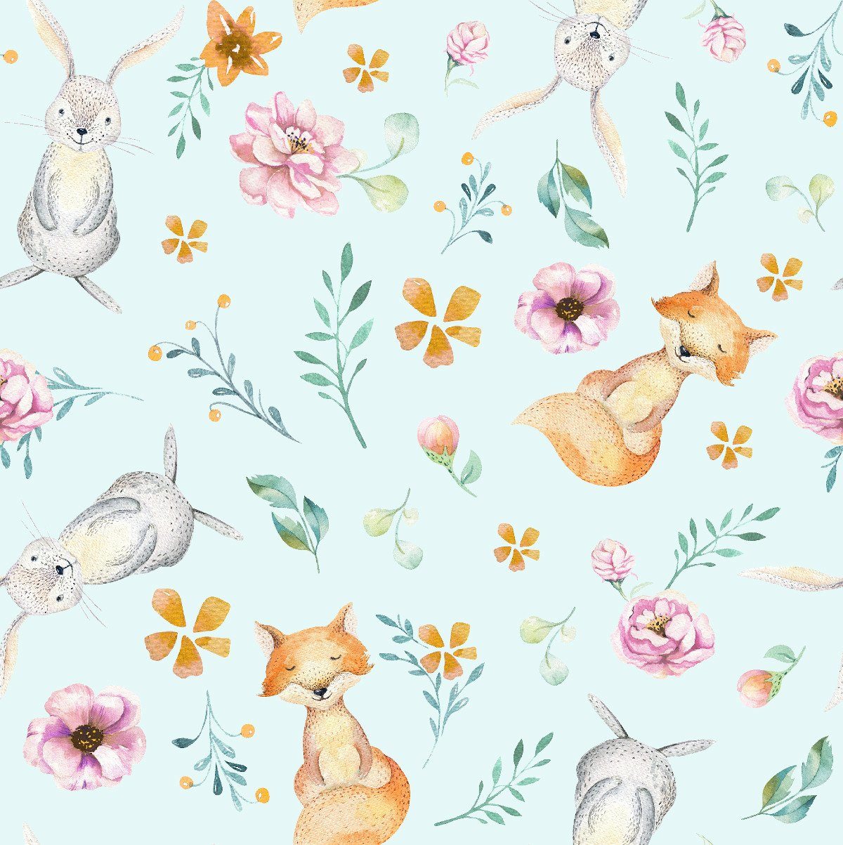 ᐅ larissastoffe Stoff French Terry, Sweat Stoff Eichhörnchen Hase hellblau, 19,40 EUR/m ...