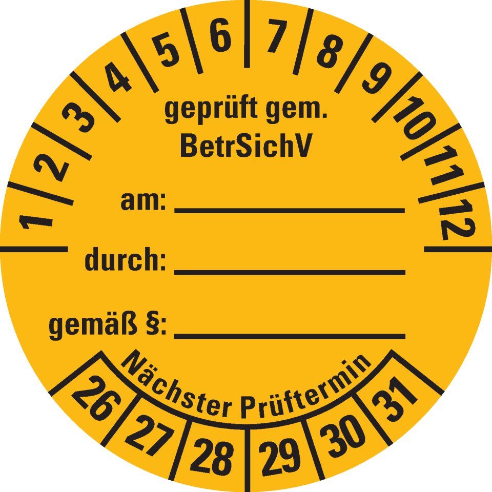 König Werbeanlagen Hinweisschild Prüfplak. gem.BetrSichV,beschriftbar,26-31,gelb,Dokufolie,Ø40mm ...