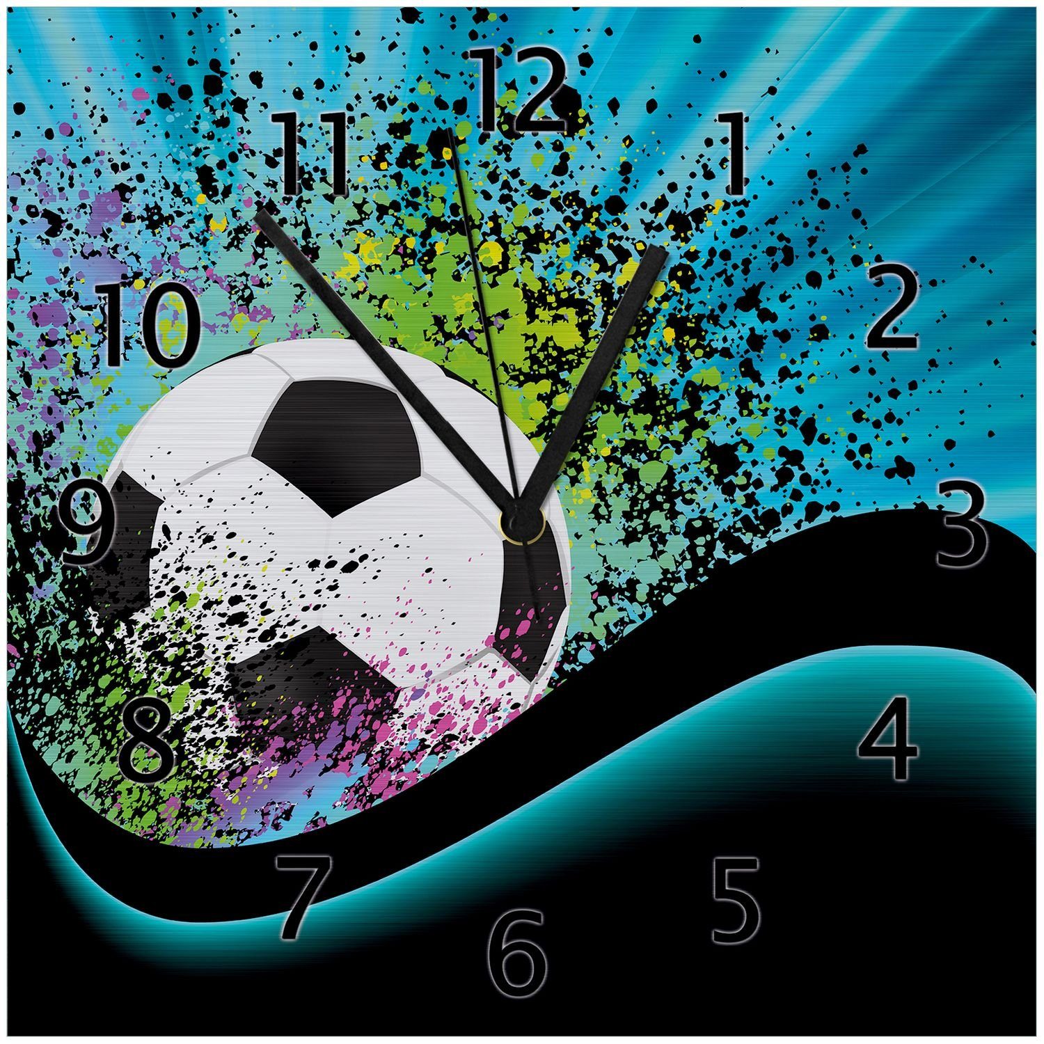 Wallario Wanduhr Fußball - Design Wellen und Regenbogen in blau (Aluverbunduhr)