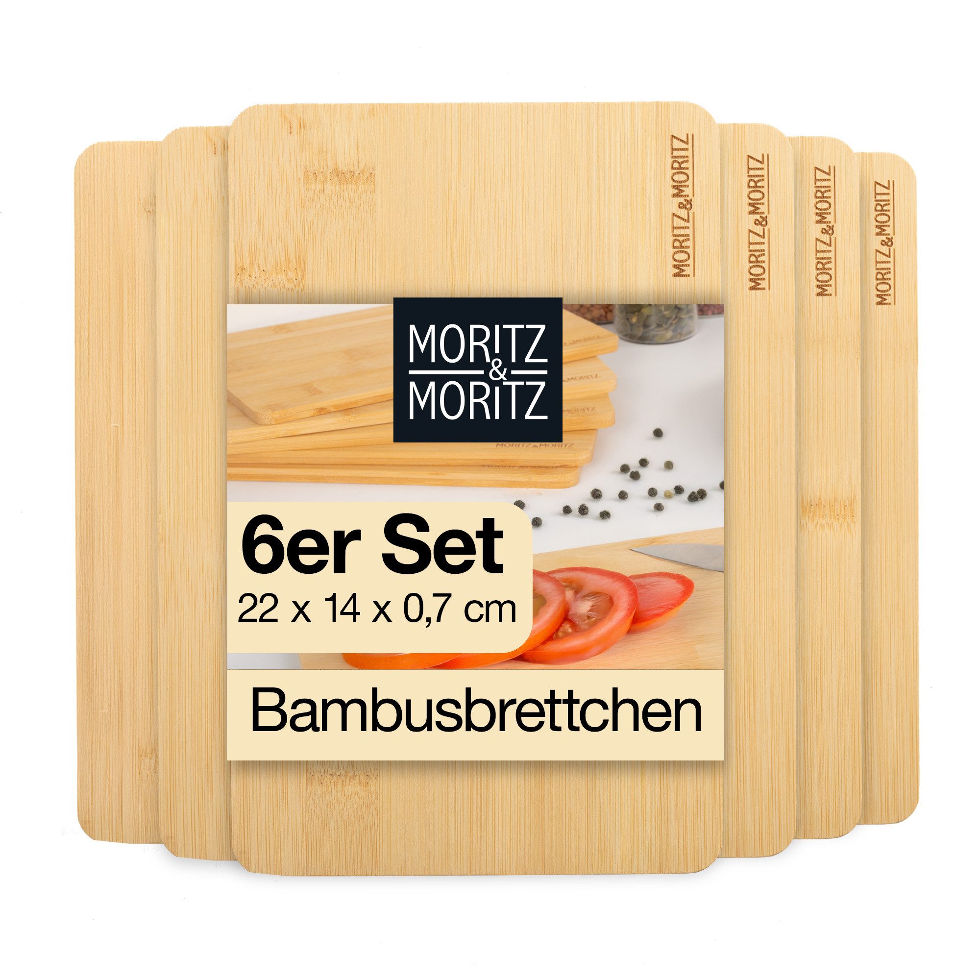 Moritz & Moritz Schneidebrett Bambus Schneidebretter 22x14 cm, Bambus, (6er Set, 6-St), 6 Größen