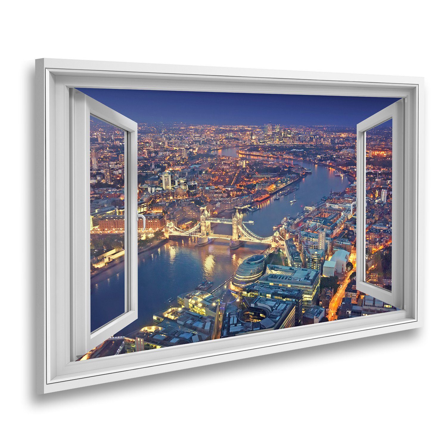 islandburner Leinwandbild Fensterblick London bei Nacht mit Stadtarchitekturen und Tower Bridge