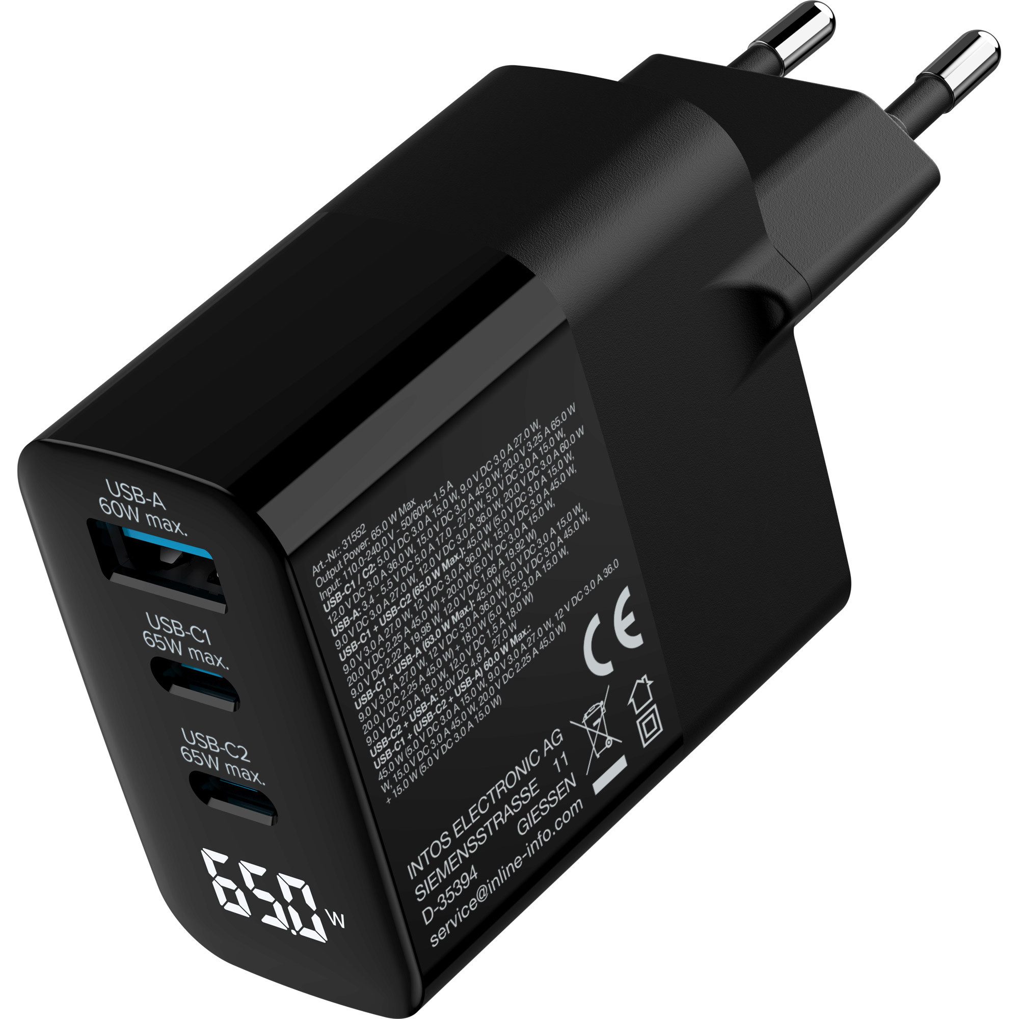 Inline ® USB PD Netzteil 3-Port USB-C + USB-A 65W Display AC/DC ...