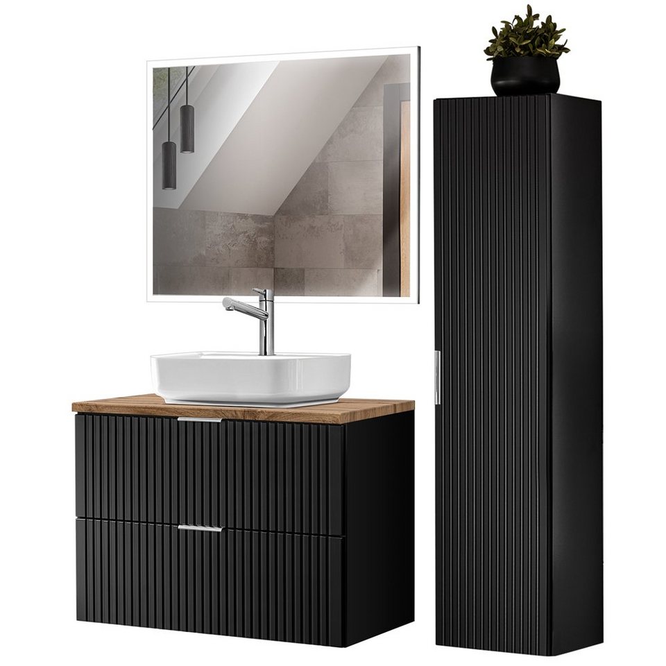 Lomadox Badmöbel Set Adelaide 56 Black 3 St Schwarz Matt Gerillt
