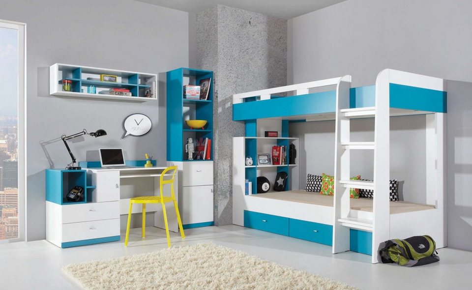 99rooms Jugendzimmer Set Bond Weiß Hochglanz Türkis Jugendzimmer Set