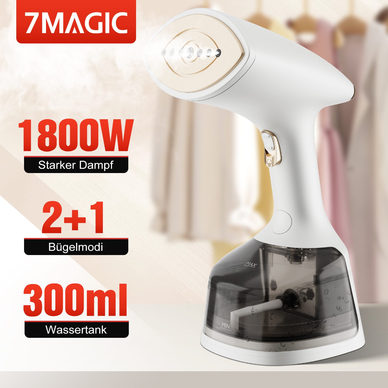 7MAGIC Dampfbürste Tragbarer Dampfglätter 35g/Min Dampfausstoß, 1800 W, 300ml,