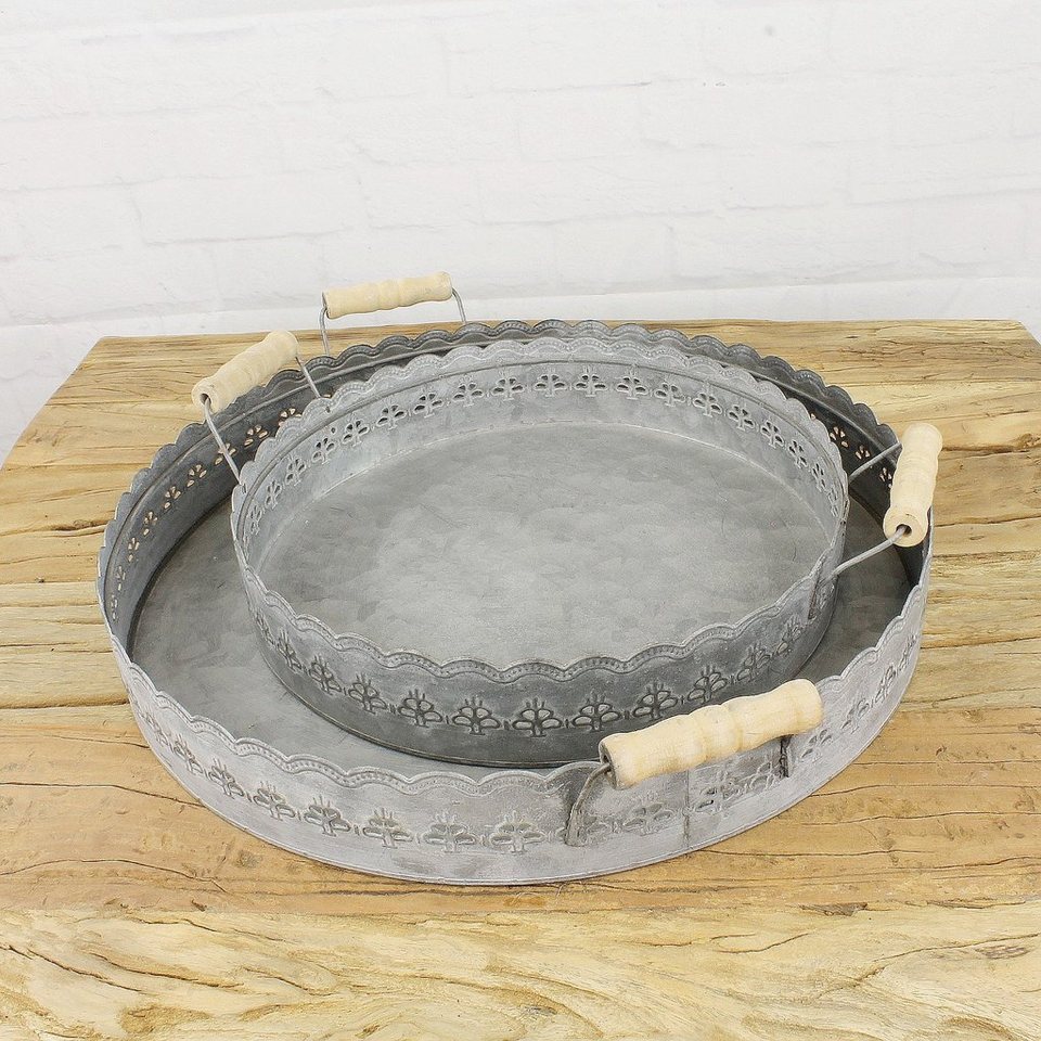 Macosa Home Dekotablett 2er Set Dekotablett Blech Grau Rund Landhaus