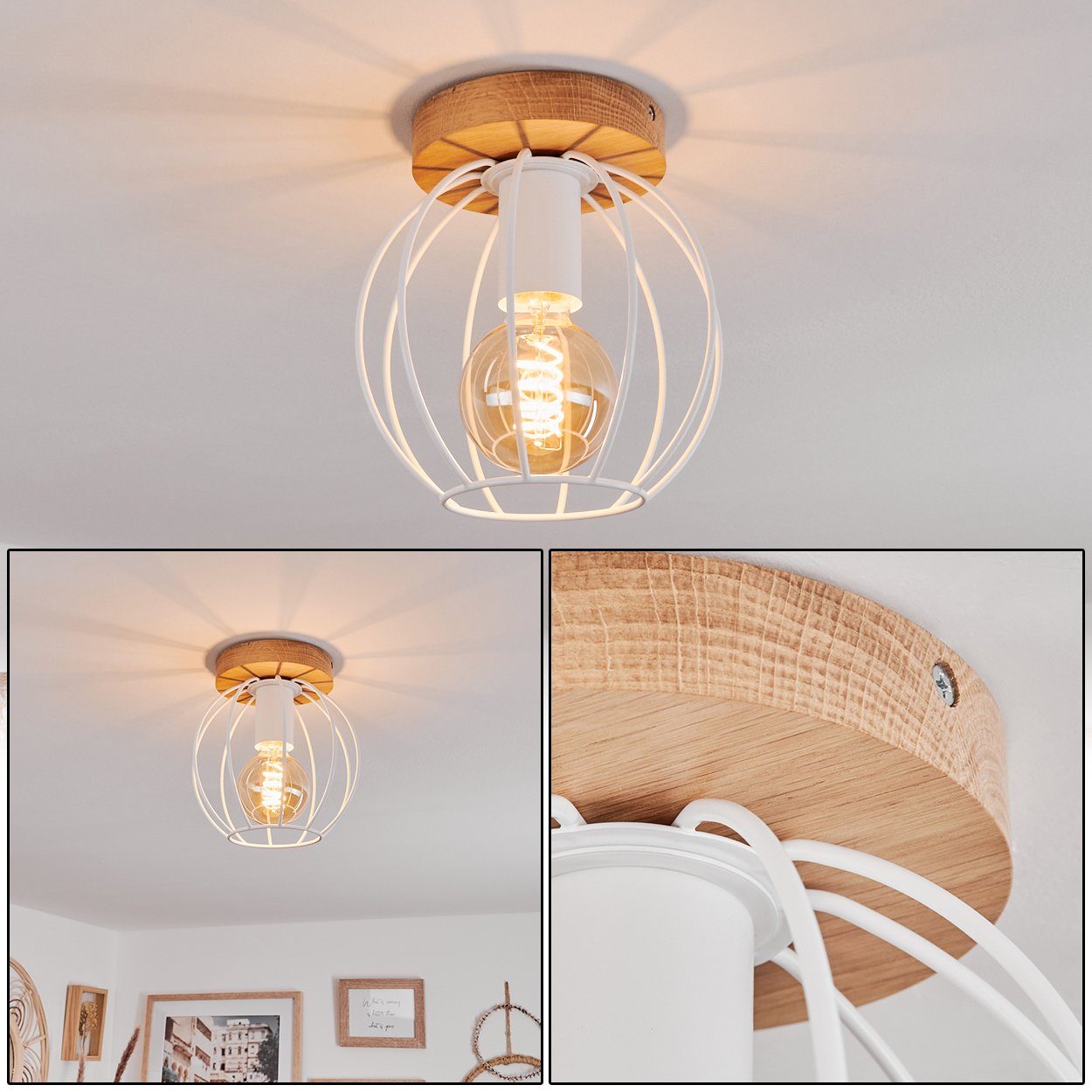 hofstein Deckenleuchte runde Deckenlampe aus Holz/Metall in Natur/Weiß, ohne Leuchtmittel ...