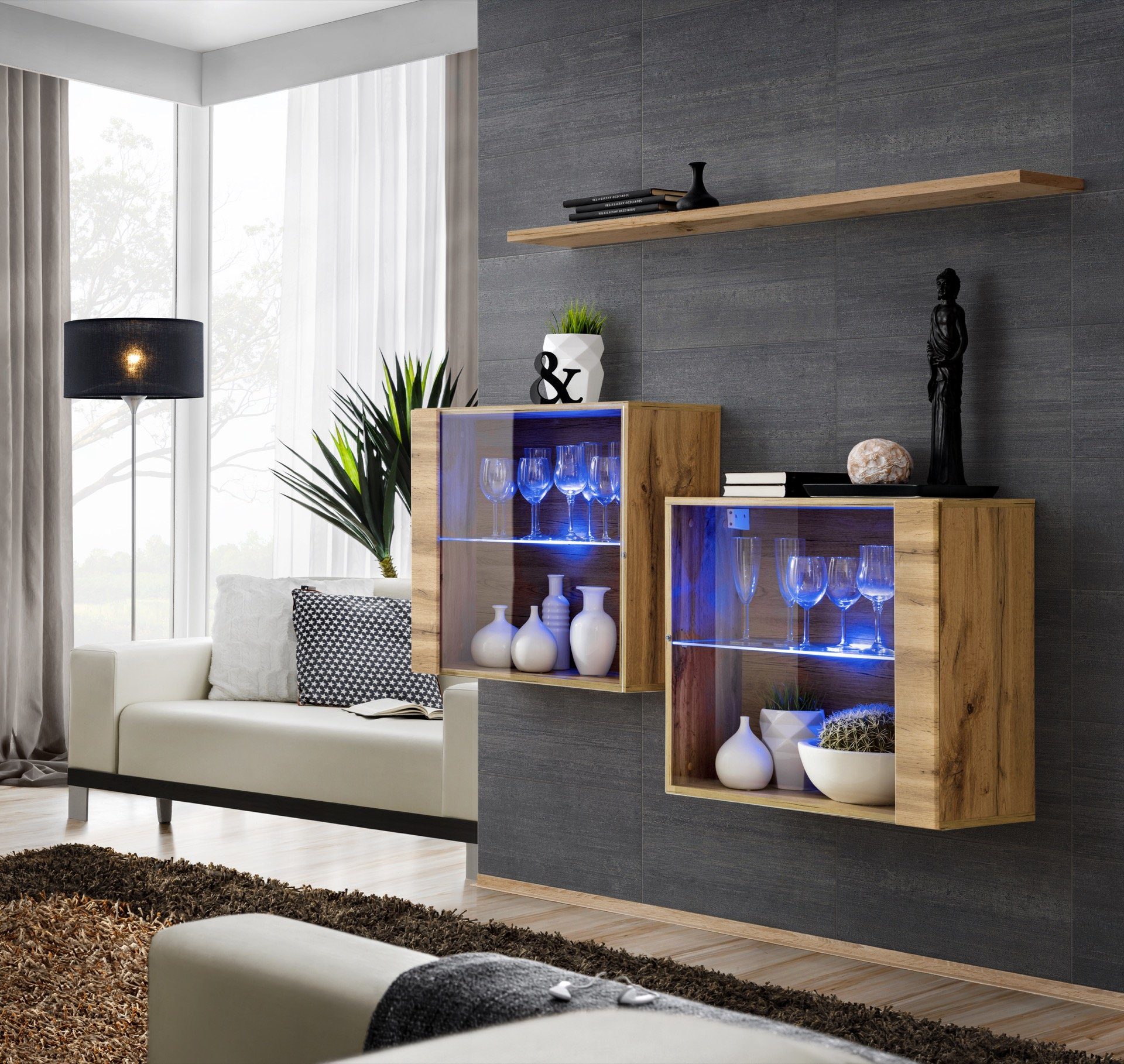 Jvmoebel Wohnwand Wohnwand Wohnzimmer Vitrine Wand Regal Luxus Braun