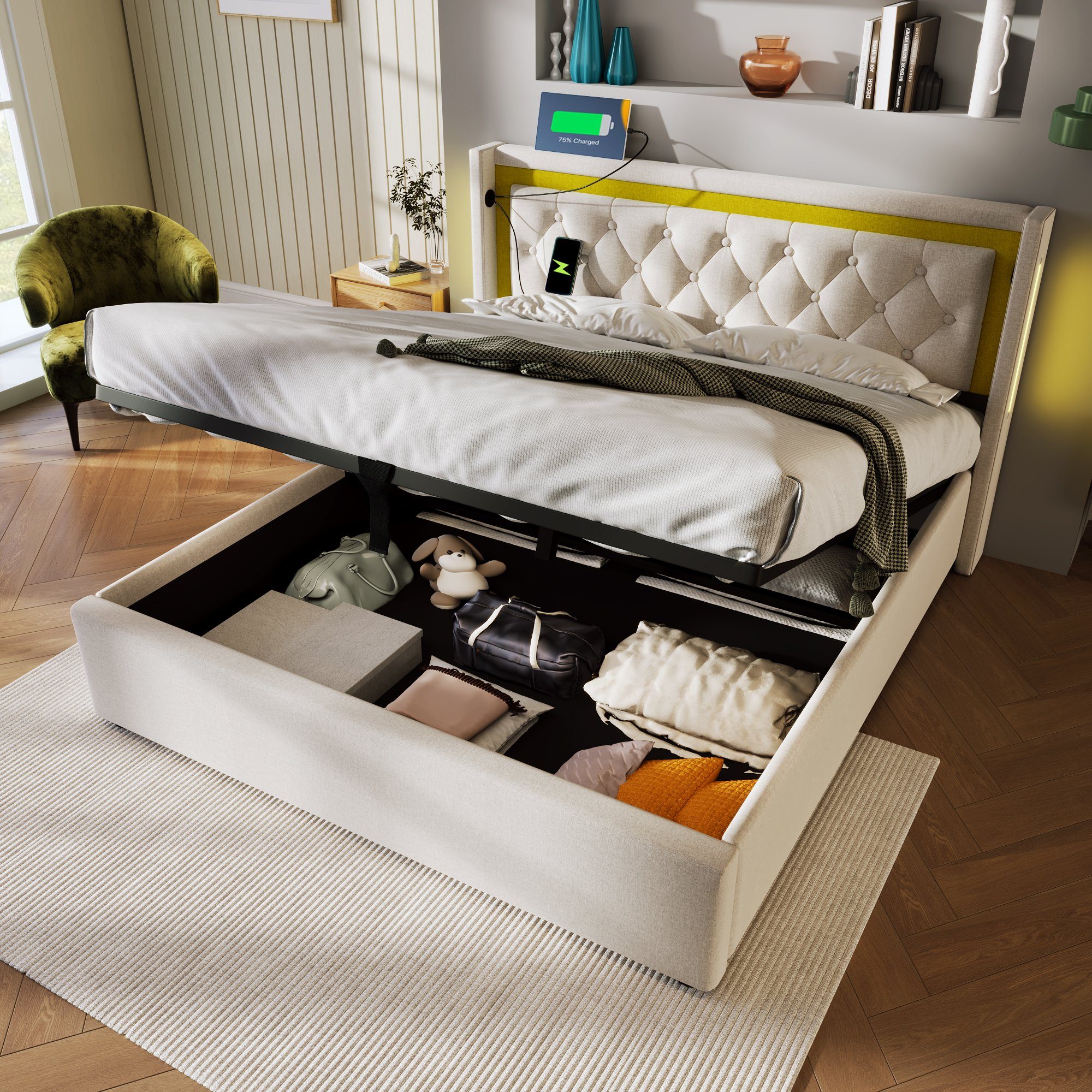 Ulife Polsterbett Led Doppelbett Stauraum Bettkasten Mit Usb Typ C