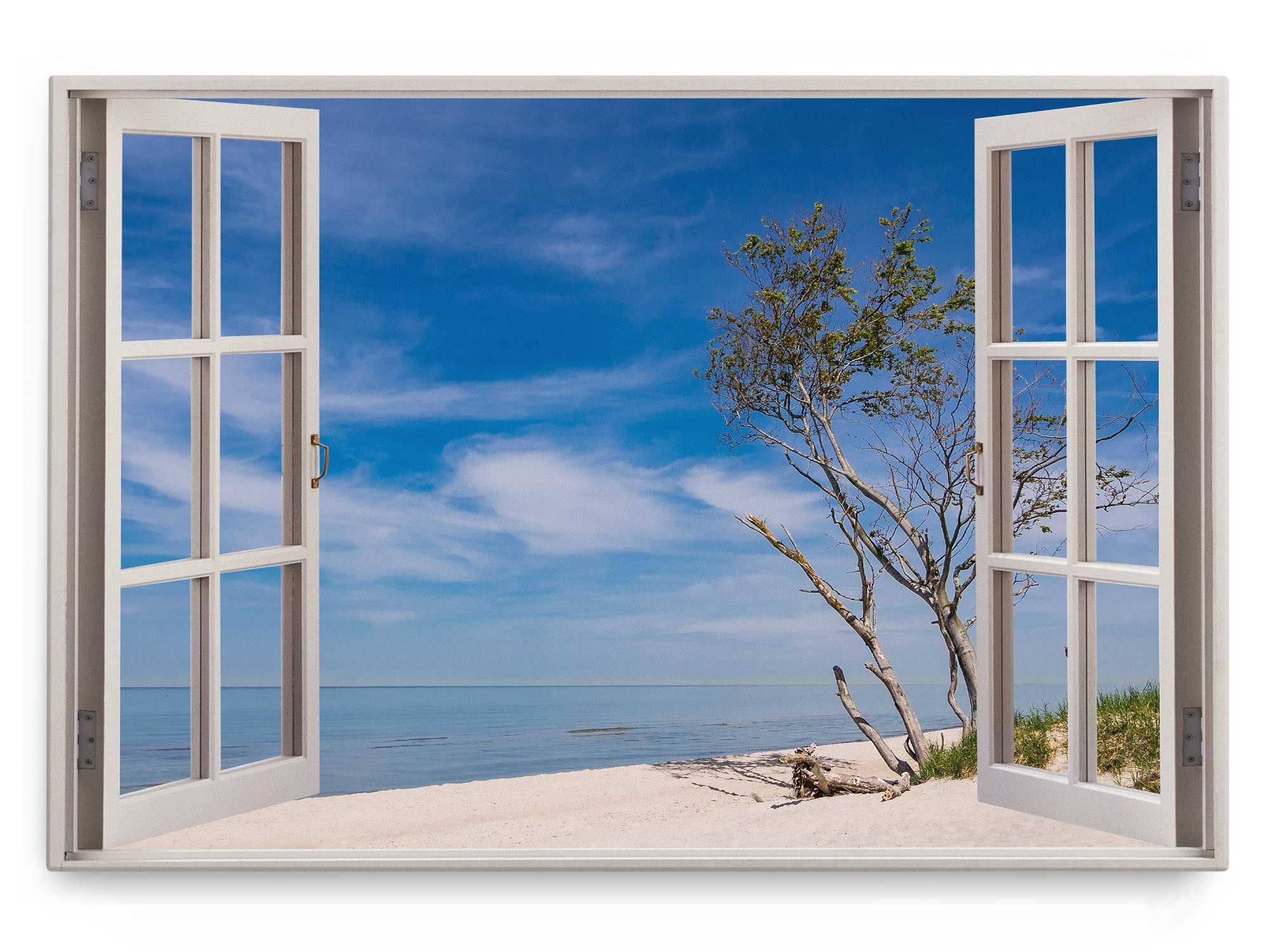 Sinus Art Leinwandbild Wandbild 120x80cm Fensterbild Strand Sand Meer blauer Himmel Sommer, (1 St)