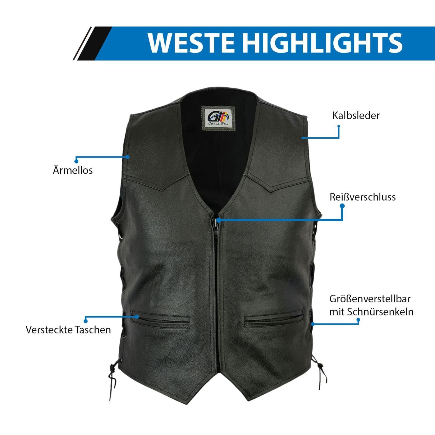 ᐅ German Wear Motorradweste GW680 Black Zipper Motorrad Lederweste ...