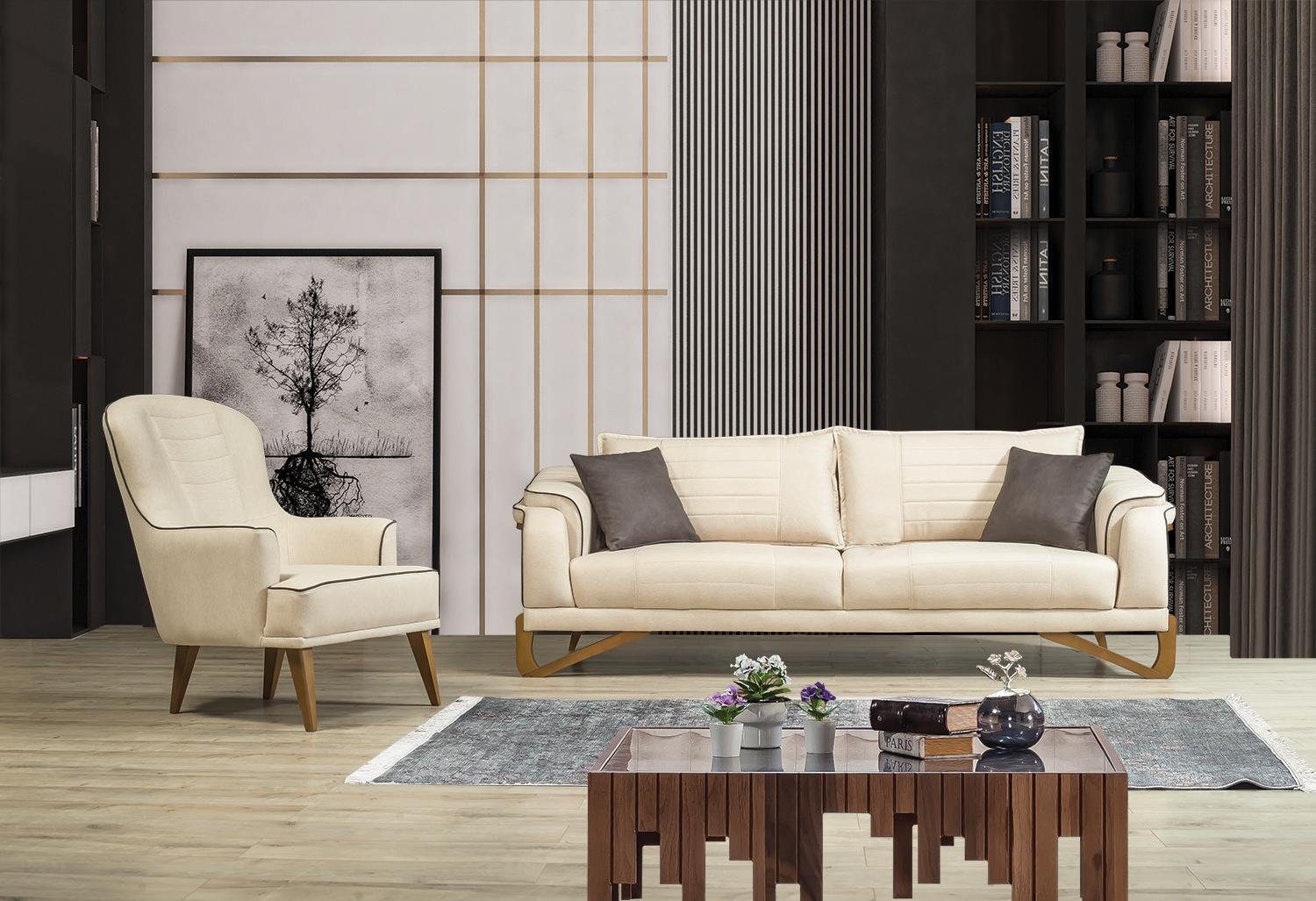 JVmoebel Sofa, Sofagarnitur Set Beige mit Holzgestell 3+1 Sitzer ...