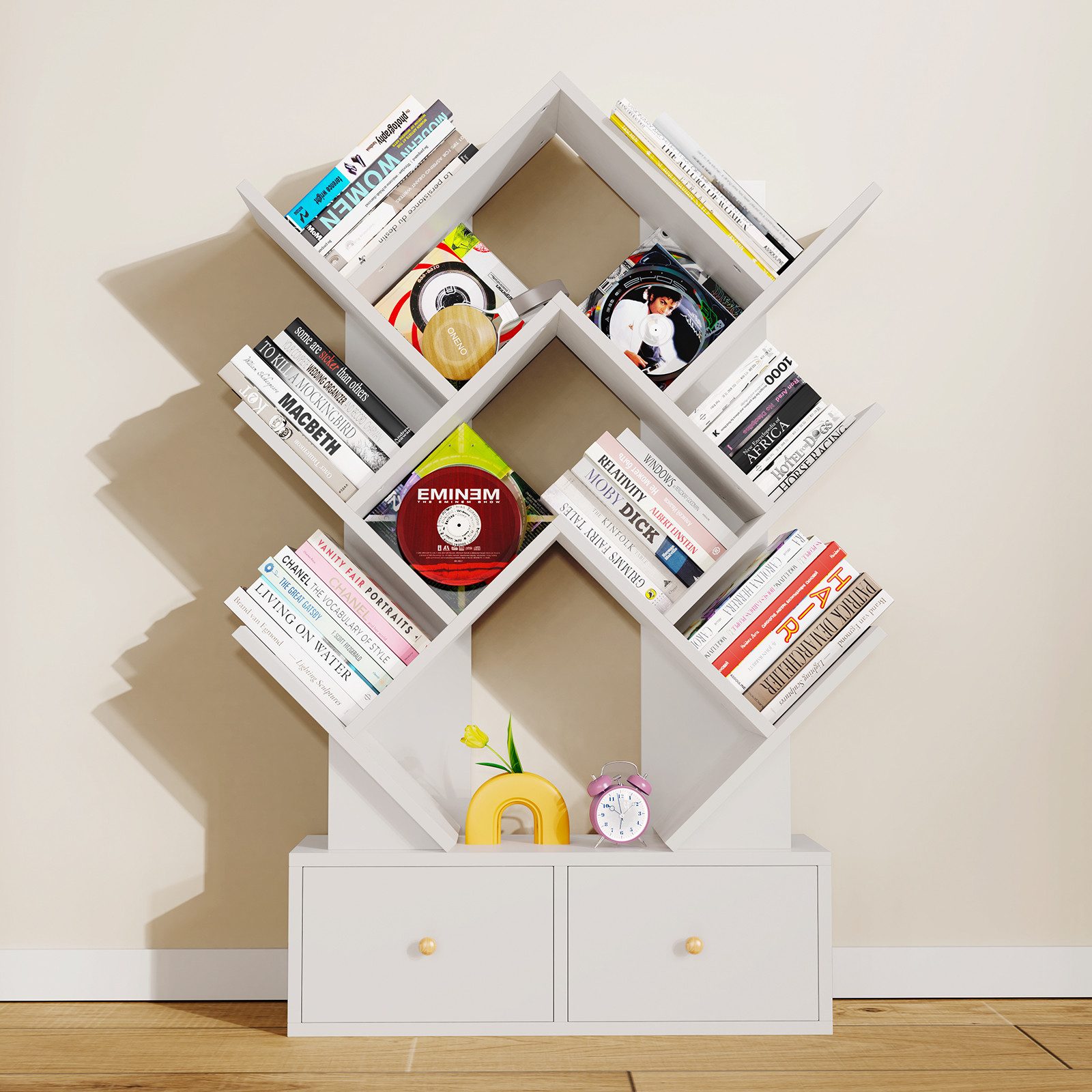 JEOBEST Bücherregal Standregal Raumteiler mit 2 Schublade, 1-tlg.,Baumform Standregal 6 Ebenen ...