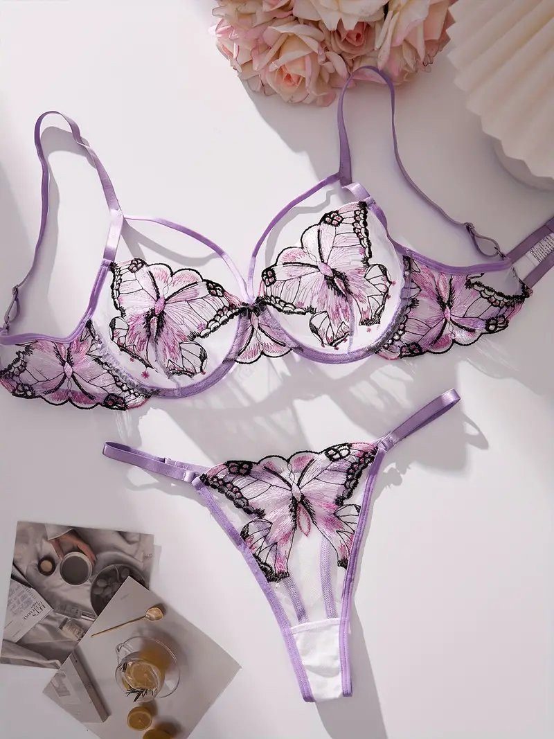 Elegant Love Set: Bügel-BH Sexy Dessous Set, Blumenmuster BH & Tüll-Tanga, Reizwäsche (Set, 2 ...