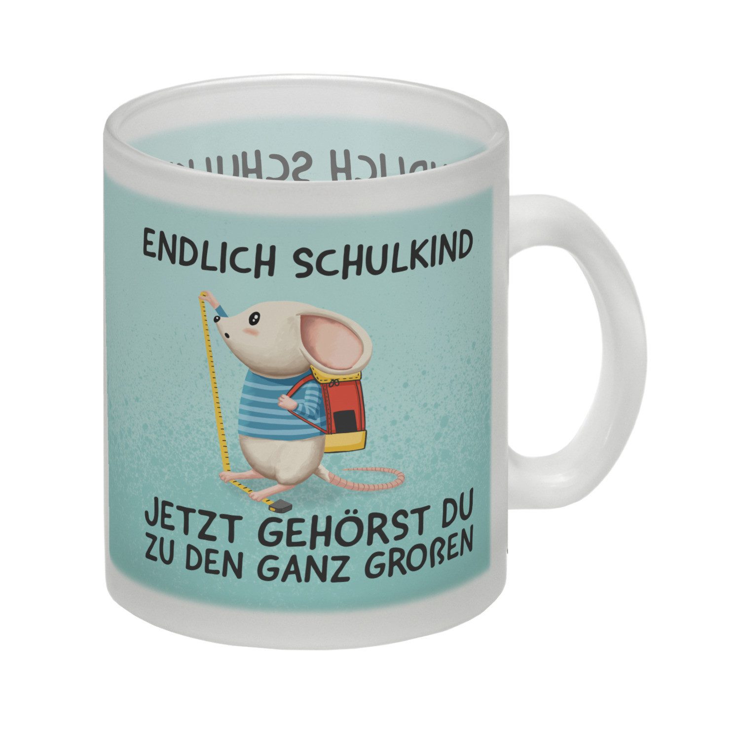 speecheese Tasse Endlich Schulkind Glas Tasse mit niedlicher Maus und Spruch