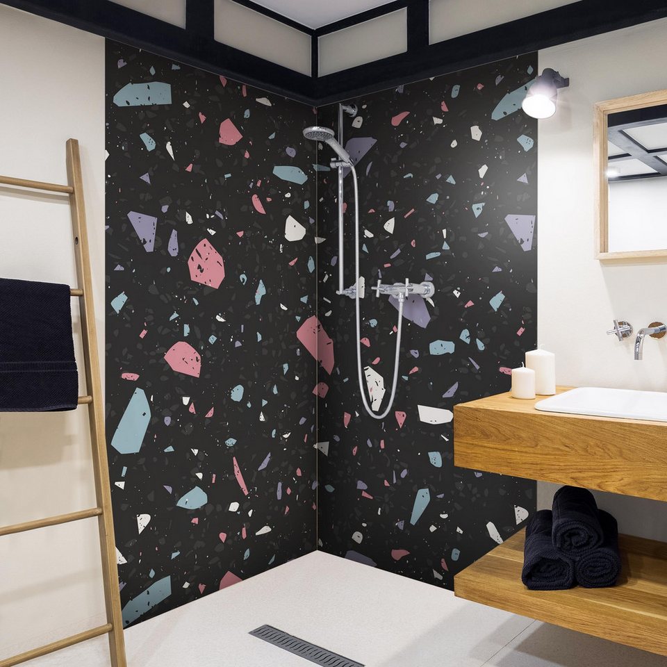 Bilderdepot24 Badrückwand Terrazzo Schwarz Duschrückwand Ohne Bohren