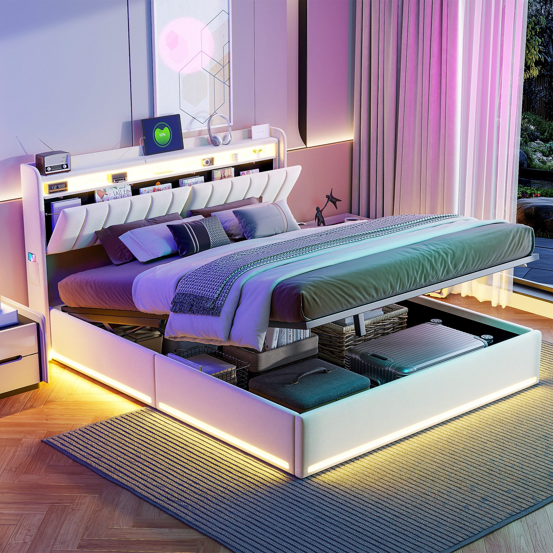 PXloue Polsterbett LED Doppelbett, Bettkasten, Ladefunktion, Samt ...