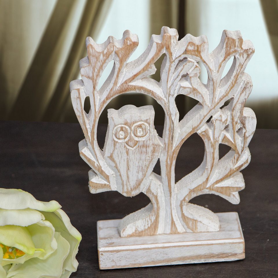 Antikas Wanddekoobjekt Skulptur Baum Mit Eule Weiß Klein