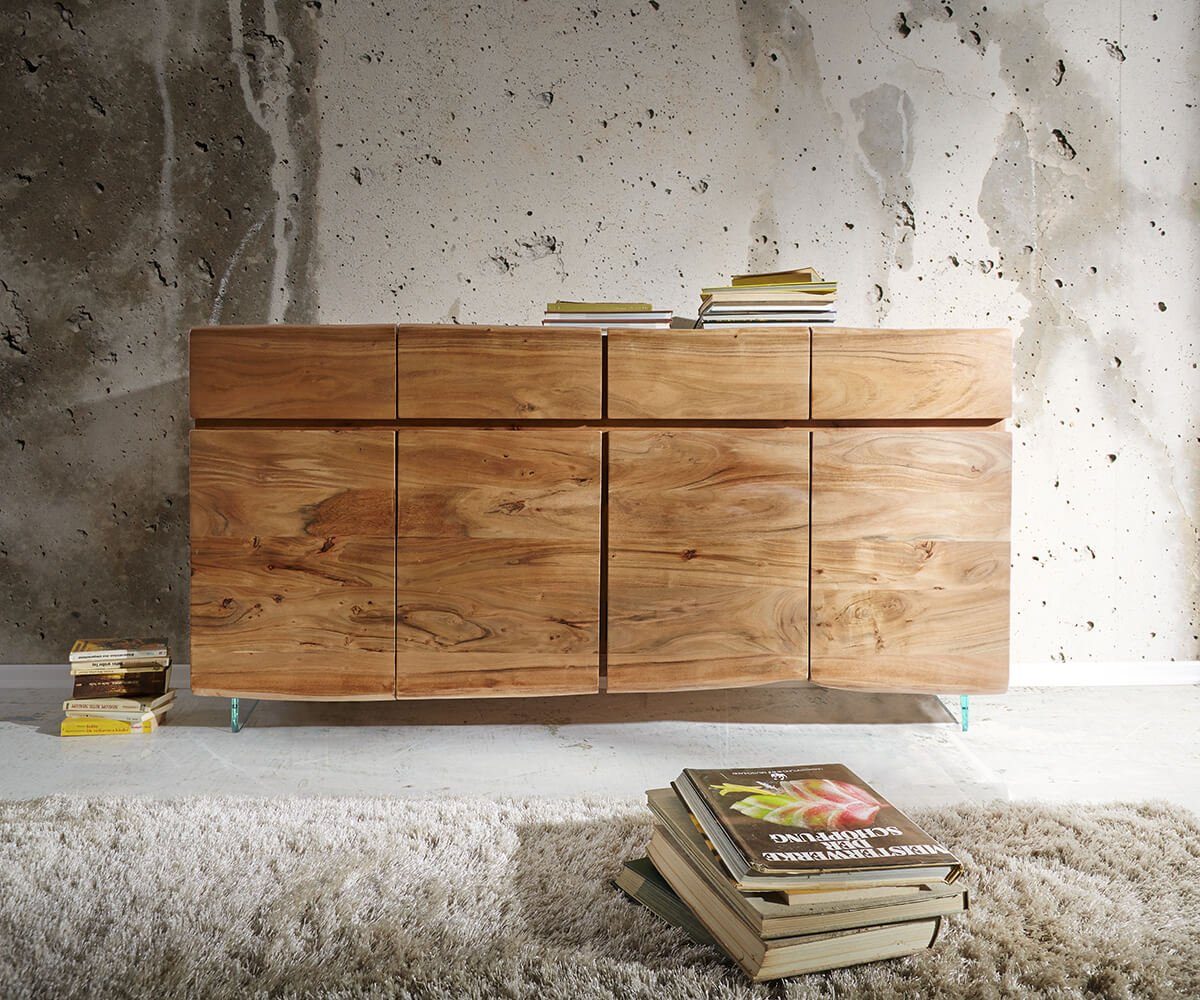 DELIFE Sideboard »Live-Edge«, Akazie Natur 172 cm 4 Schübe 4 Türen Glasbeine Baumkante Sideboard ...
