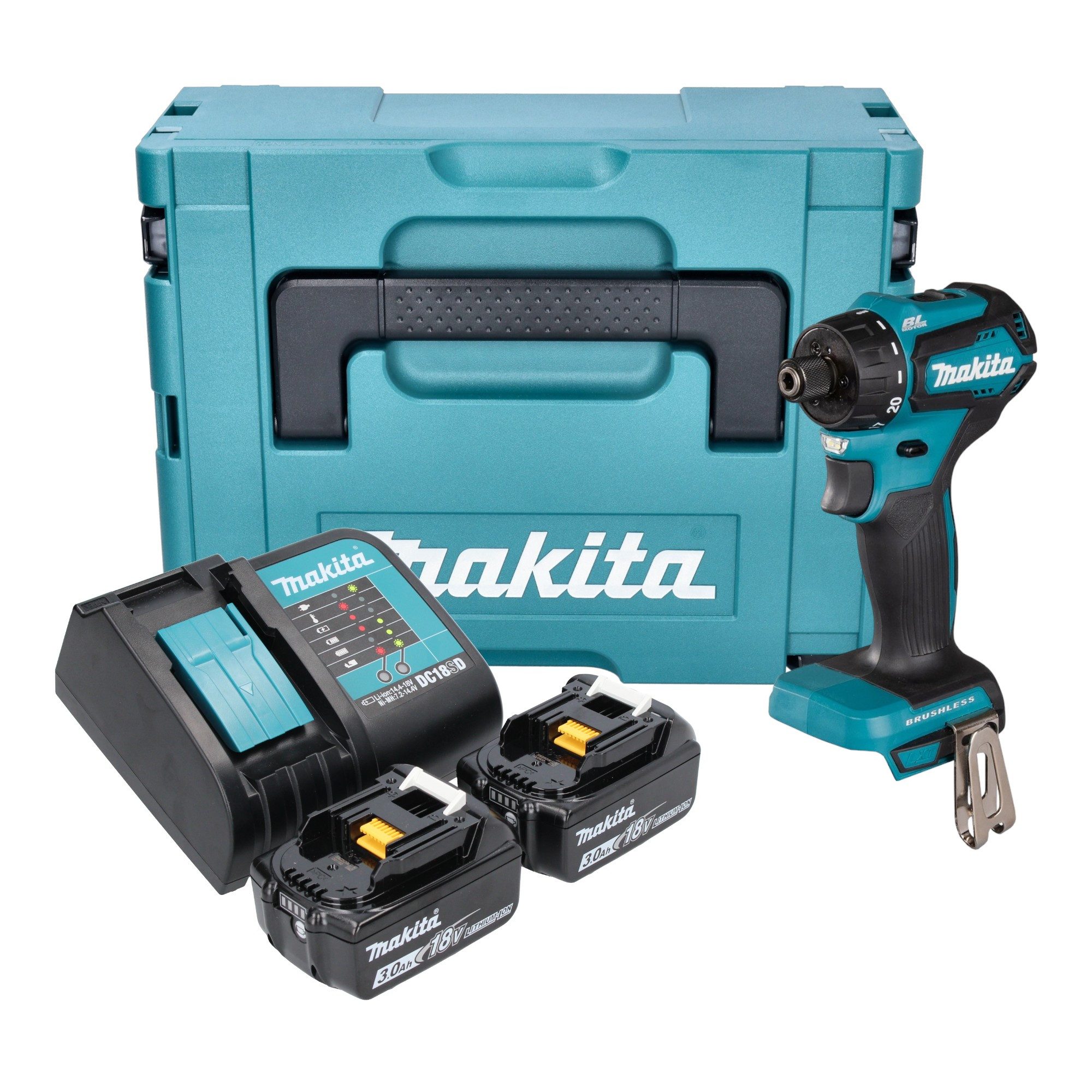 Makita Akku-Schrauber DDF 083 SFJ 18 V 40 Nm 1/4'' + 2x Akku 3,0 Ah + Ladegerät + Makpac
