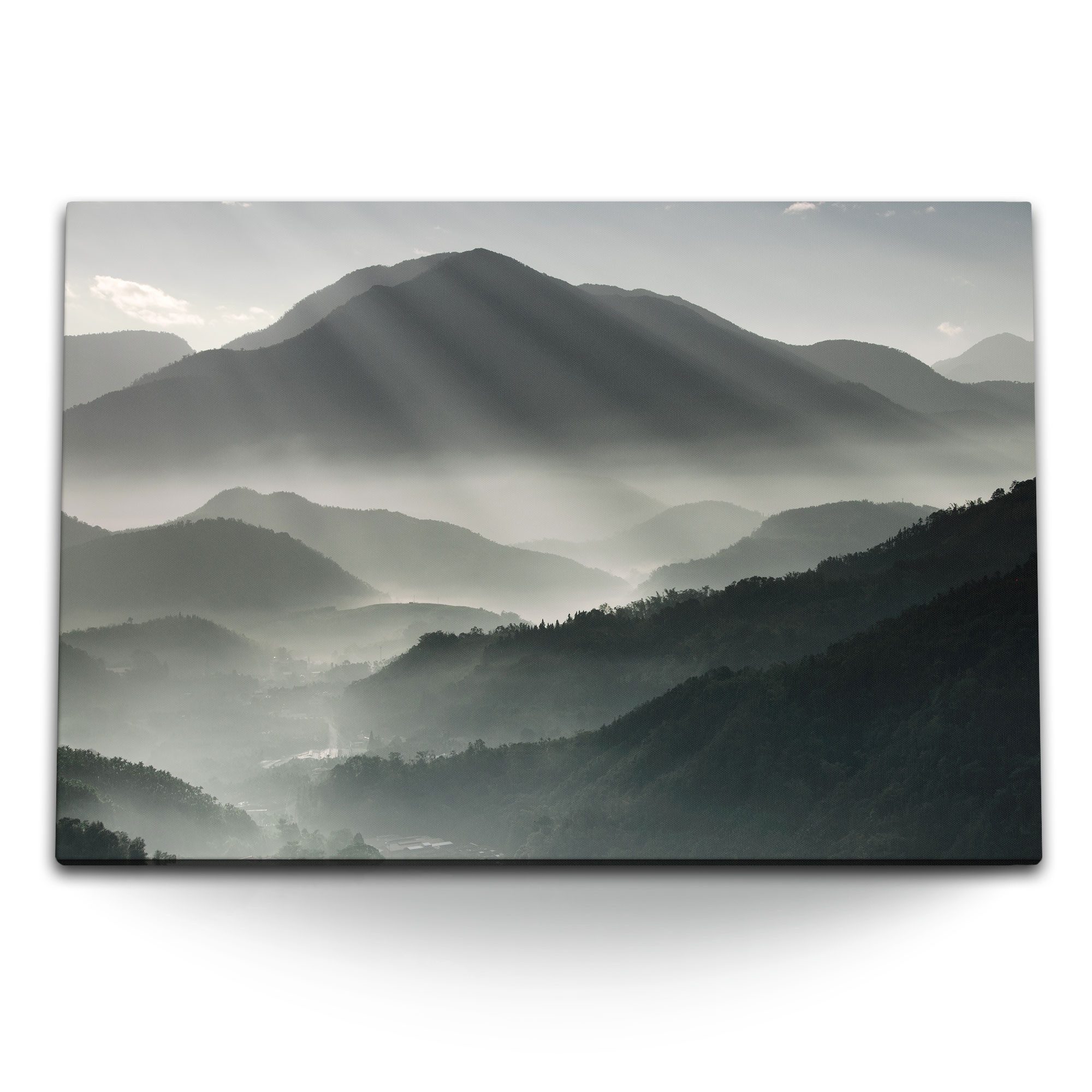 Sinus Art Leinwandbild 120x80cm Wandbild auf Leinwand Berg Gebirge Nebel Tannenwald Grau Natu ...