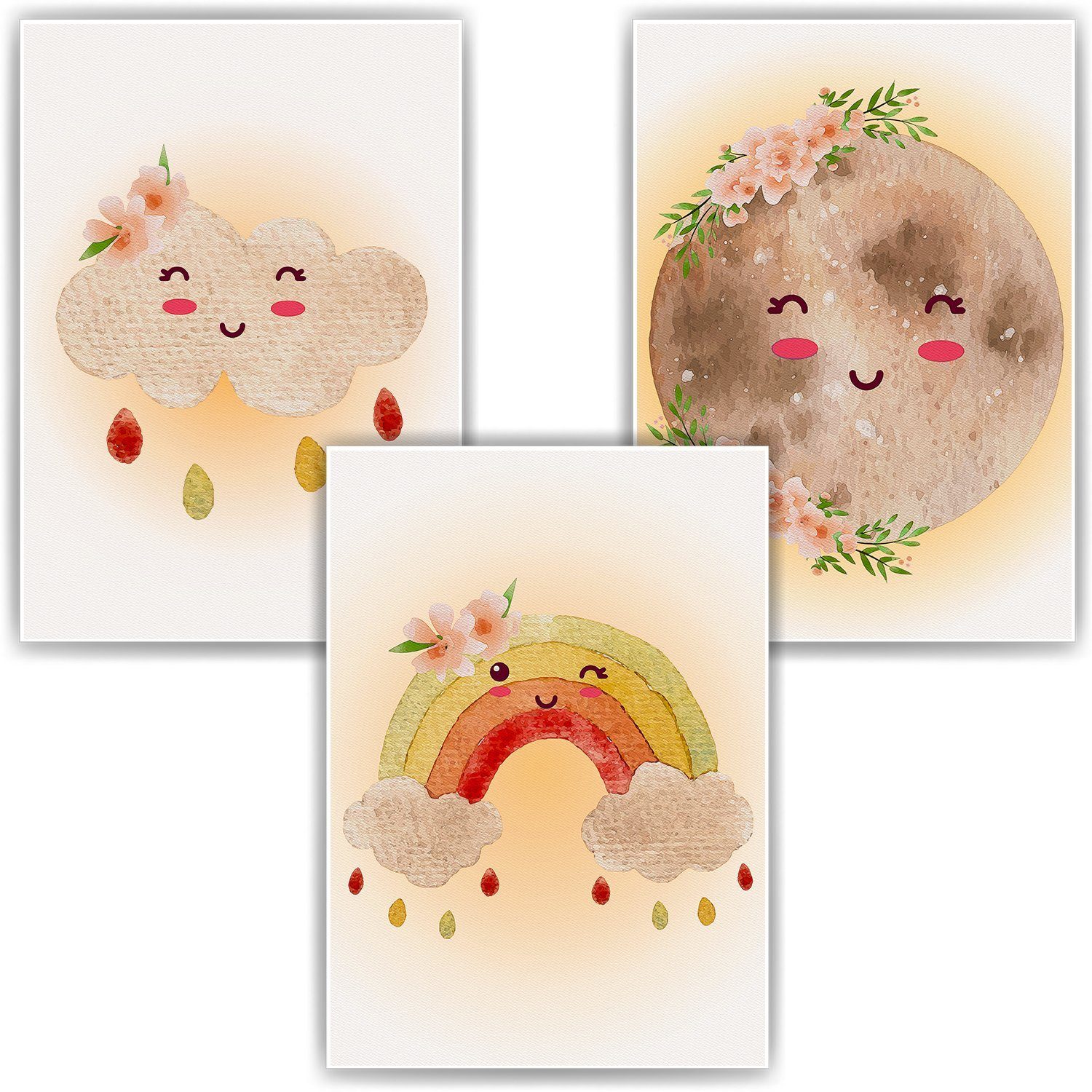 Tigerlino Poster Mond Regenbogen Wolke Boho 3er Set Kinderzimmer Wandbilder