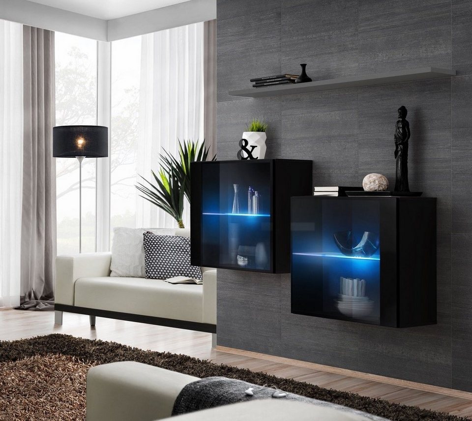 Jvmoebel Wohnwand Luxus Wohnwand Designer Set 3tlg Hänge Vitrine Wand